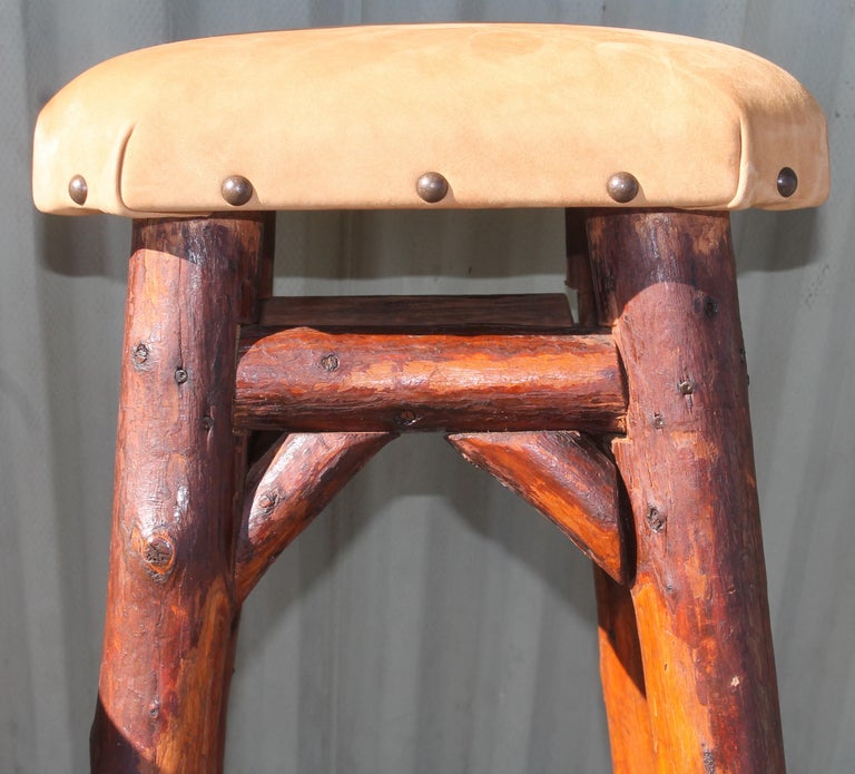 Early Old Hickory Bar Stools W/ Suede Seats-Pair For Sale at 1stDibs