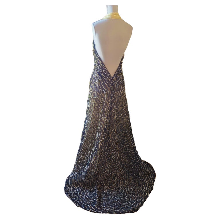 PACO RABANNE Robe de soirée vintage en métal argenté et or avec bordure ...