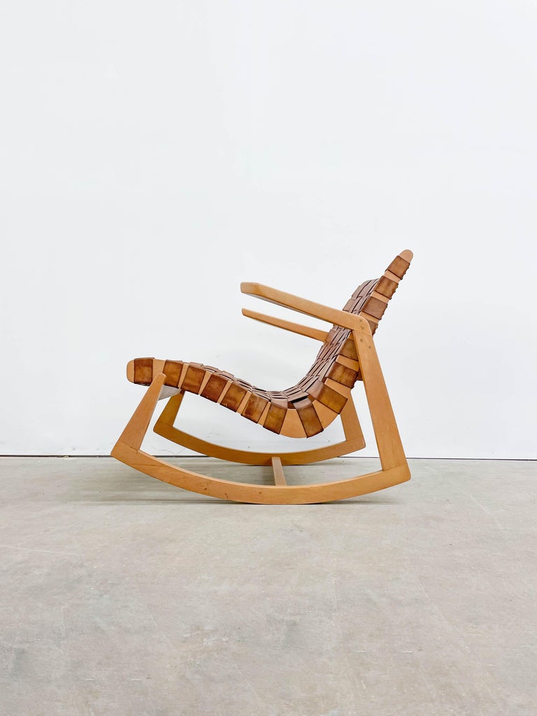 Early Ralph Rapson Rocker with Leather Webbing For Sale at 1stDibs