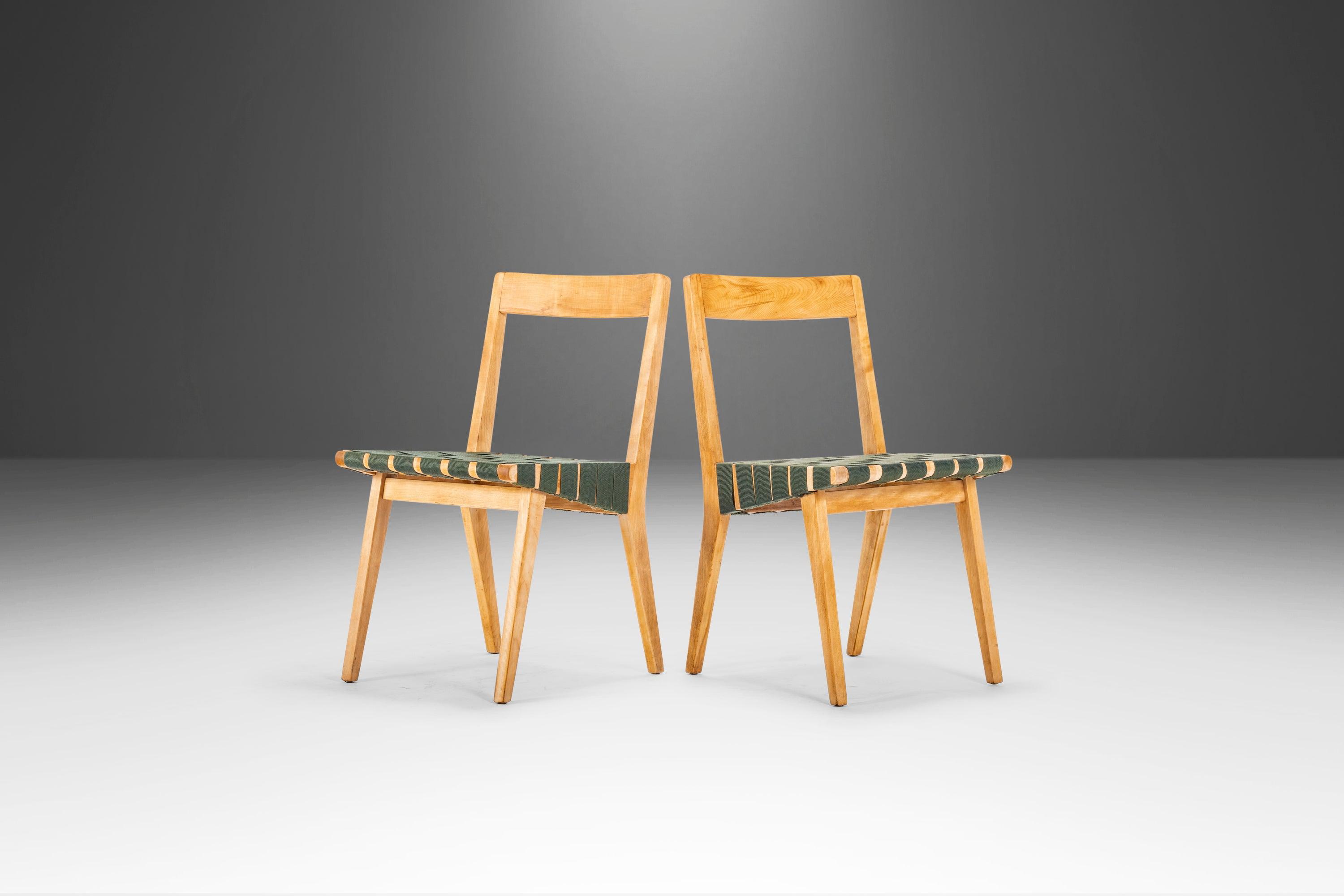 Jens Risom for Knoll Model 666 Side Chair in Birch and Green Strapping, USA For Sale at 1stDibs