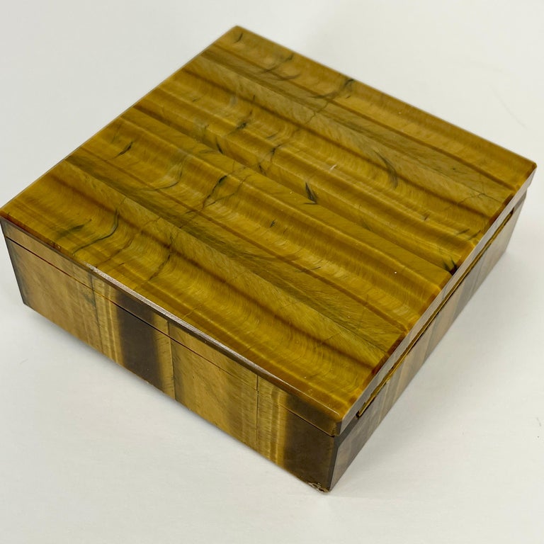Early Square Italian Tiger Eye Jewelry or Cigarette Box For Sale at 1stDibs