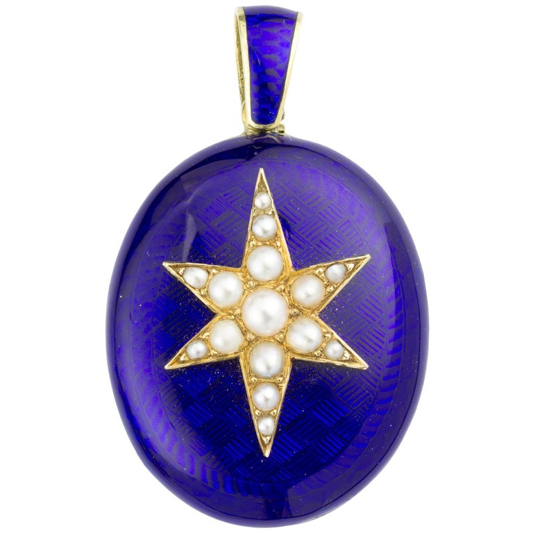 Early Victorian Blue Enamel and Pearl Locket For Sale at 1stDibs