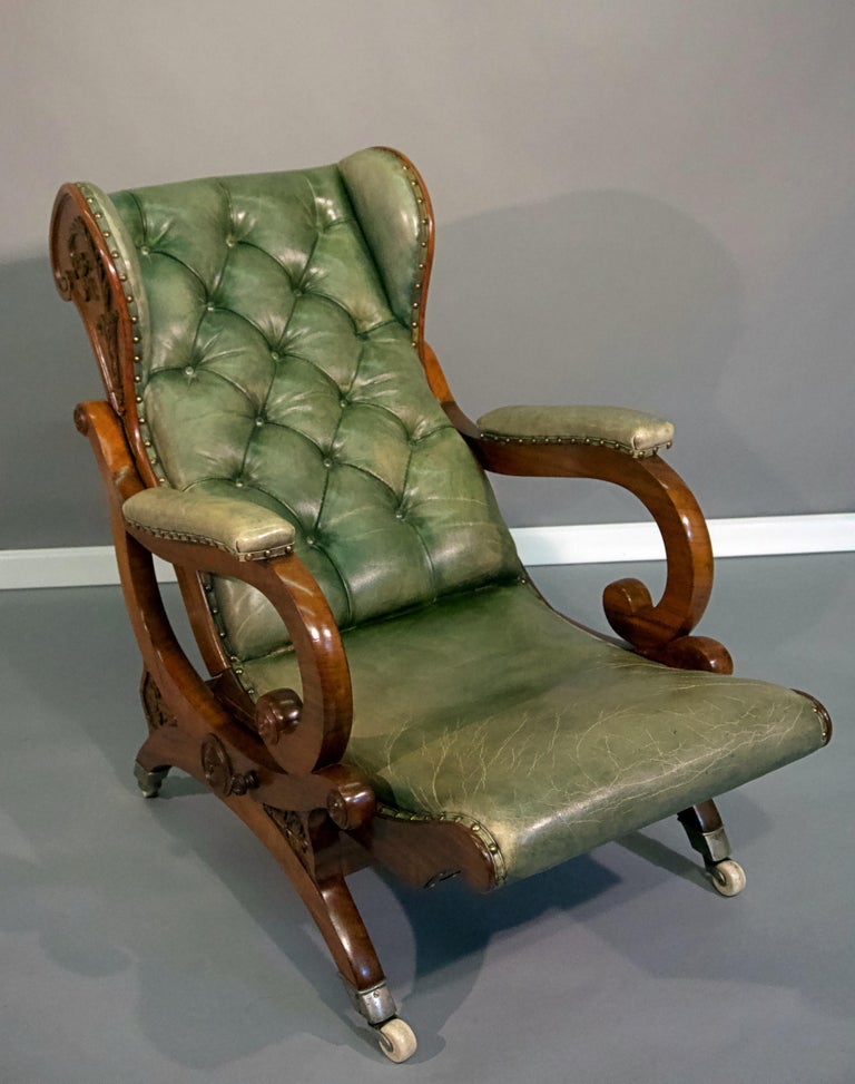 Early Victorian Carved Mahogany Reclining Wing Armchair For Sale at 1stDibs