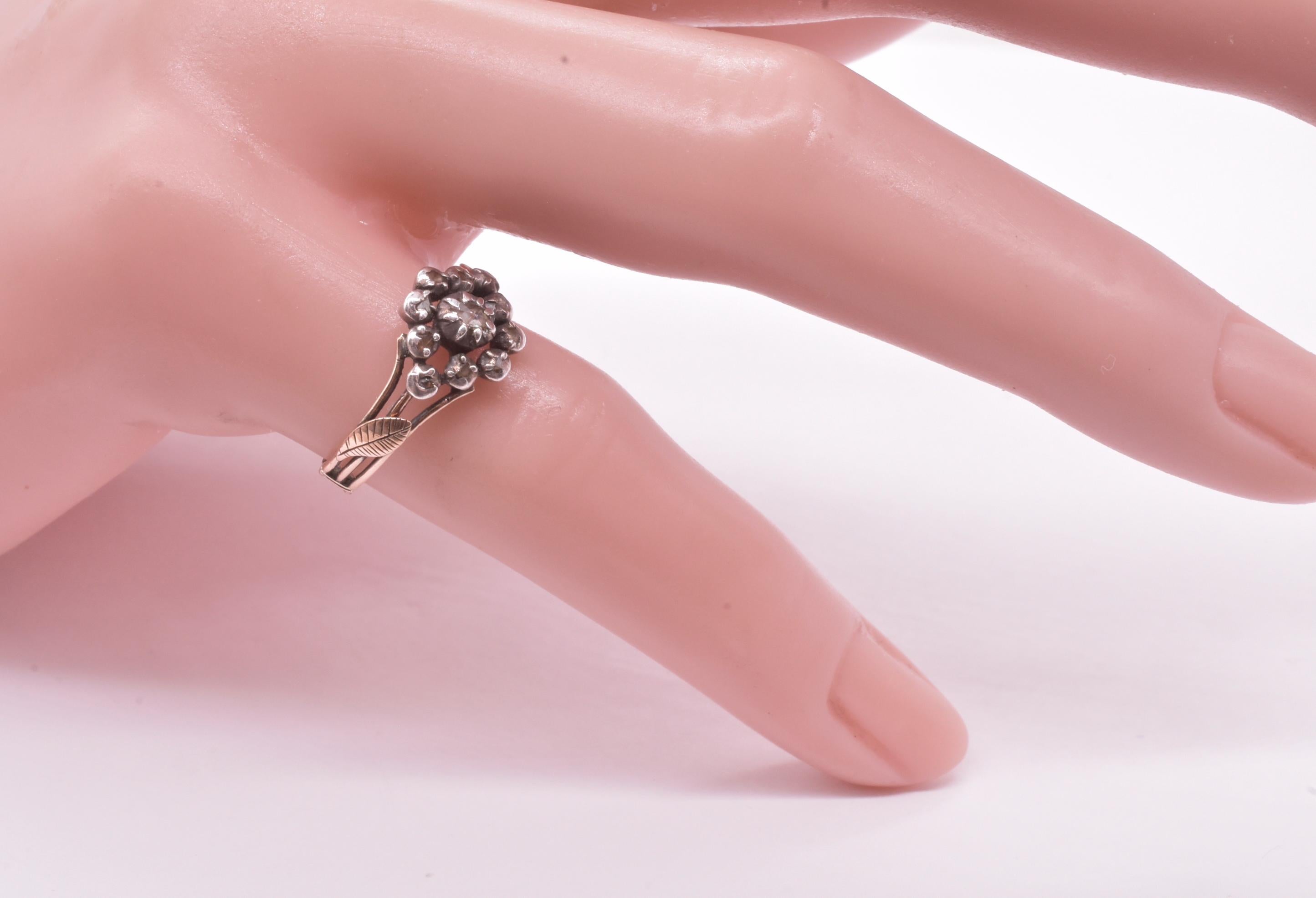 Early Victorian Diamond Cluster Ring w Decorative Leaves For Sale at ...