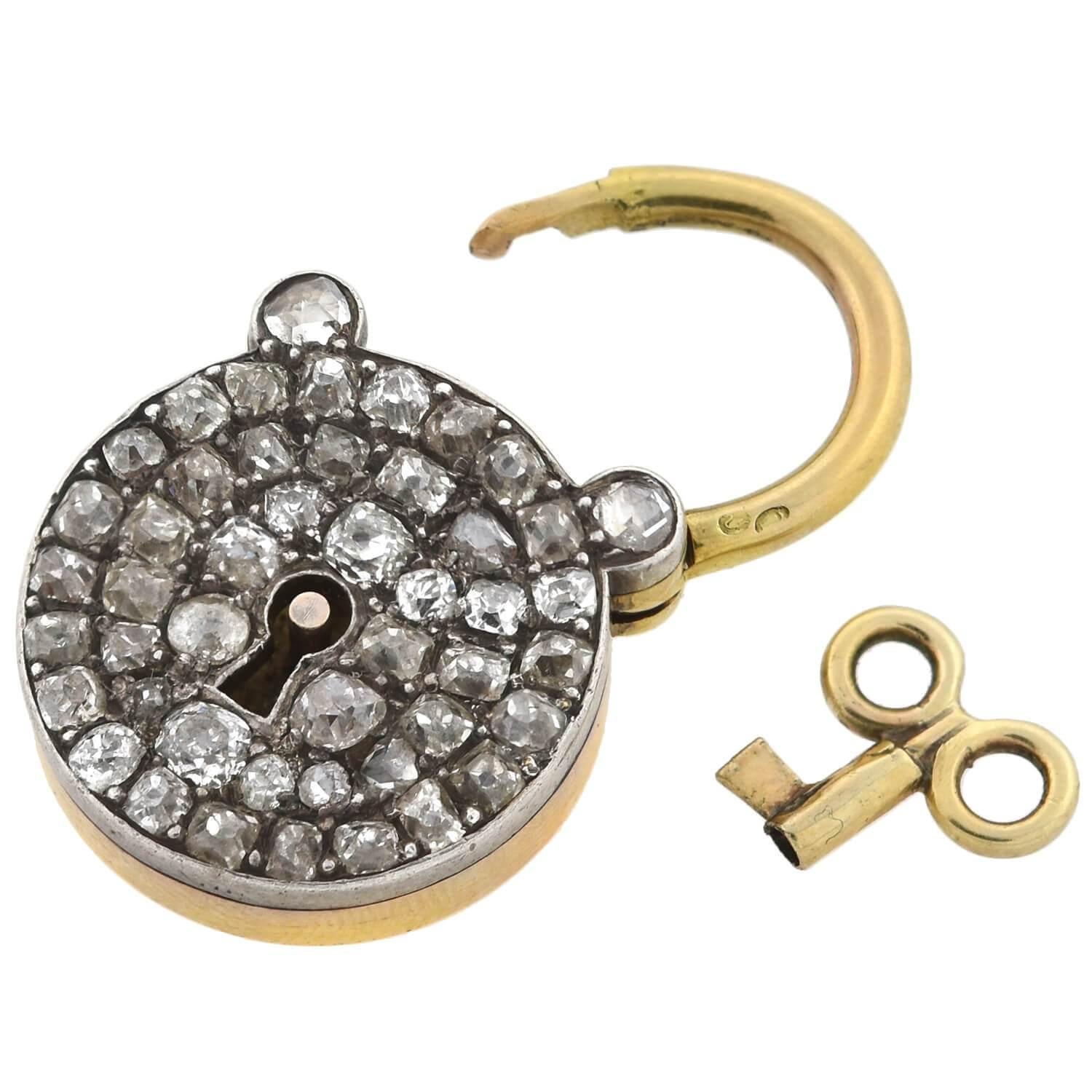 Early Victorian French 2.00 Total Carat Diamond Padlock and Key Pendant ...