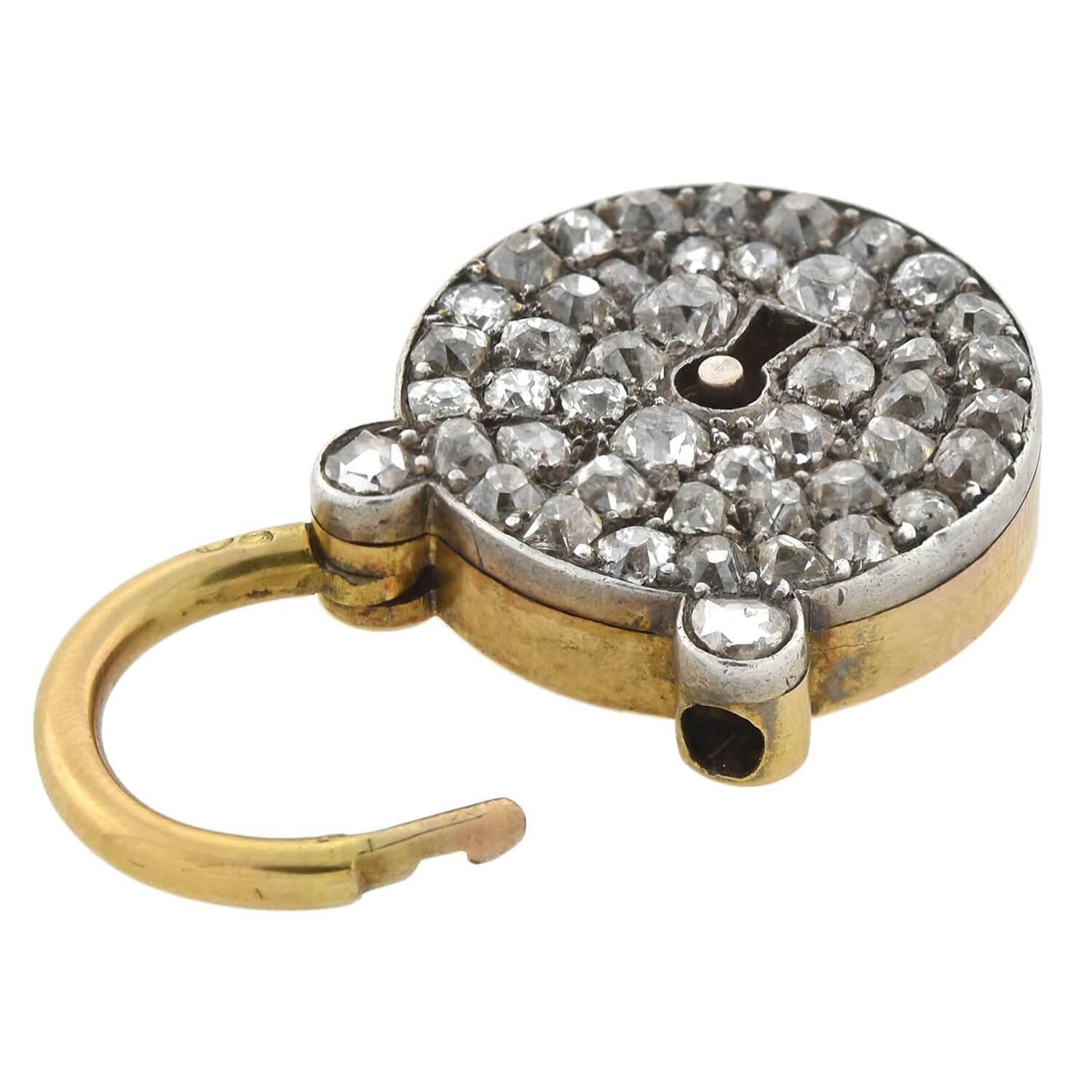 Early Victorian French 2.00 Total Carat Diamond Padlock and Key Pendant ...