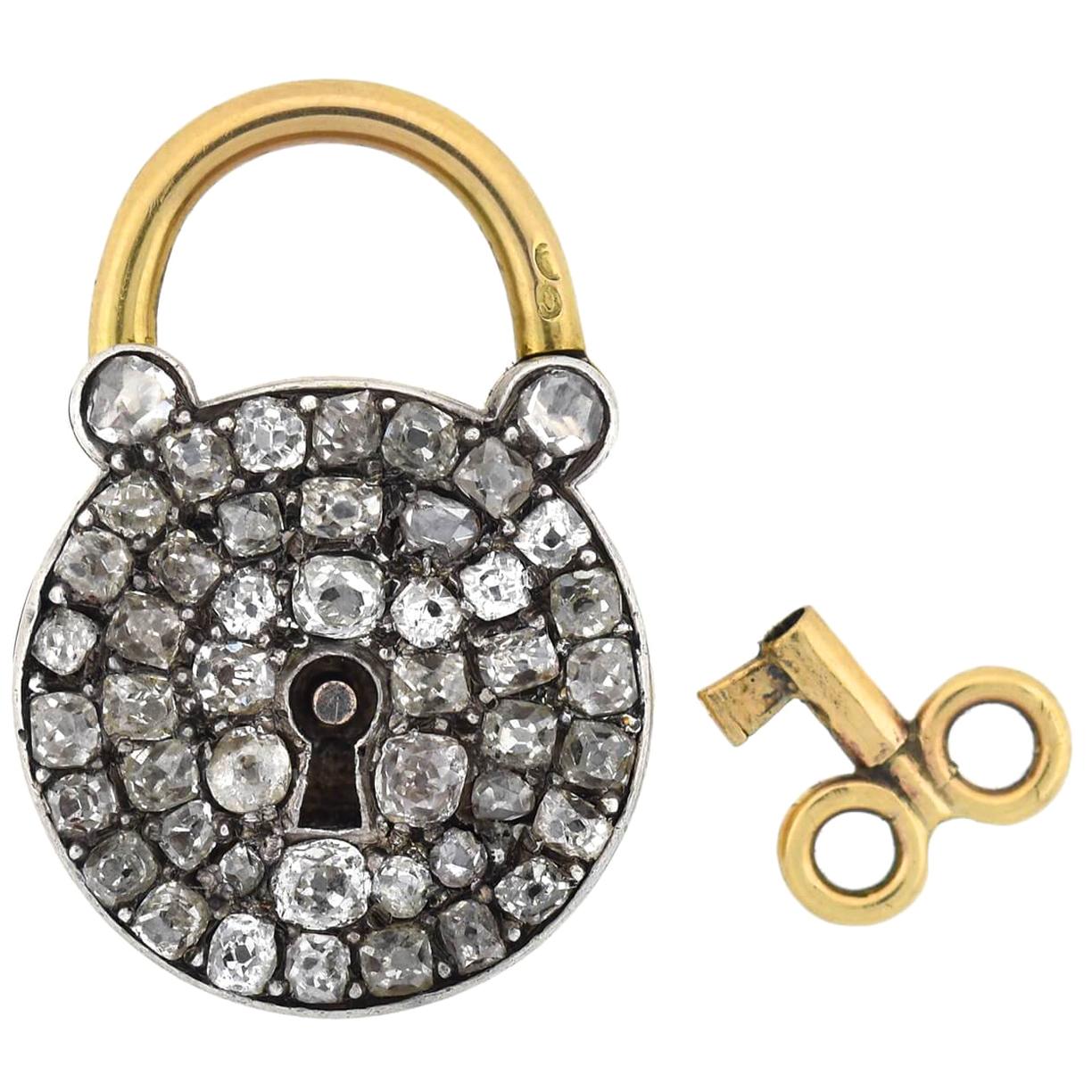 Early Victorian French 2.00 Total Carat Diamond Padlock and Key Pendant ...