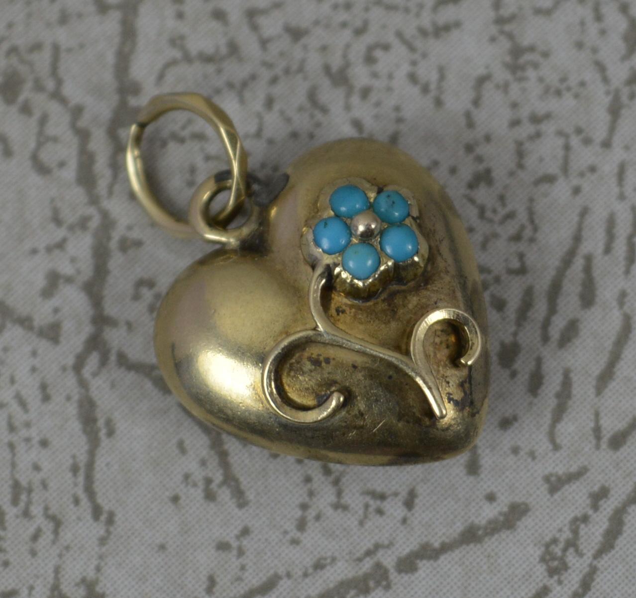 Early Victorian Heart Shape 9ct Gold Turquoise Forget Me Not Locket ...