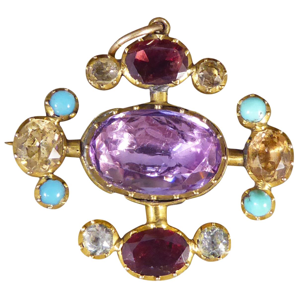 Early Victorian Multi Gemstone Brooch Pendant Amethyst Centre 15 Carat ...