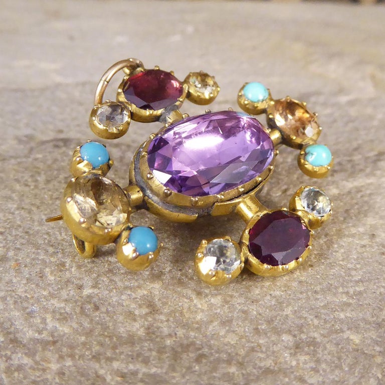 Early Victorian Multi Gemstone Brooch Pendant Amethyst Centre 15 Carat ...
