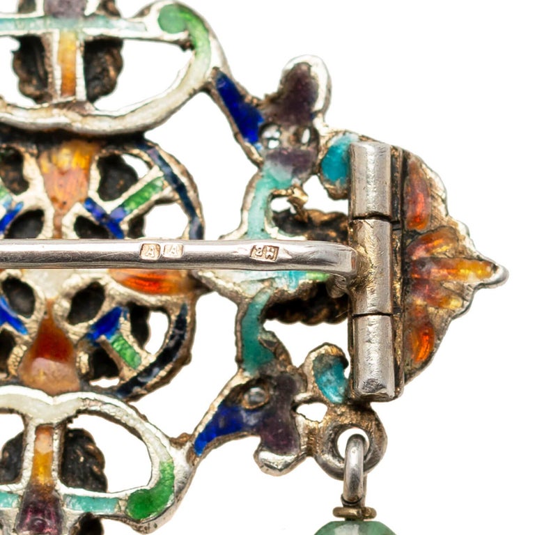 Early Victorian Silver Enameled Emerald + Table Cut Diamond Pin/Brooch ...
