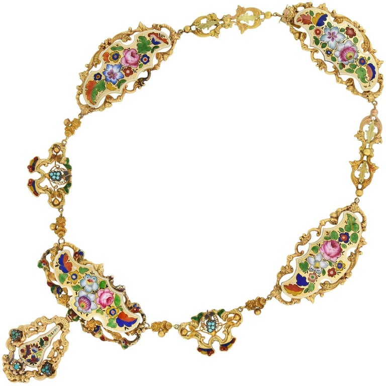 Early Victorian Swiss Enamel Necklace and Earring Set at 1stDibs
