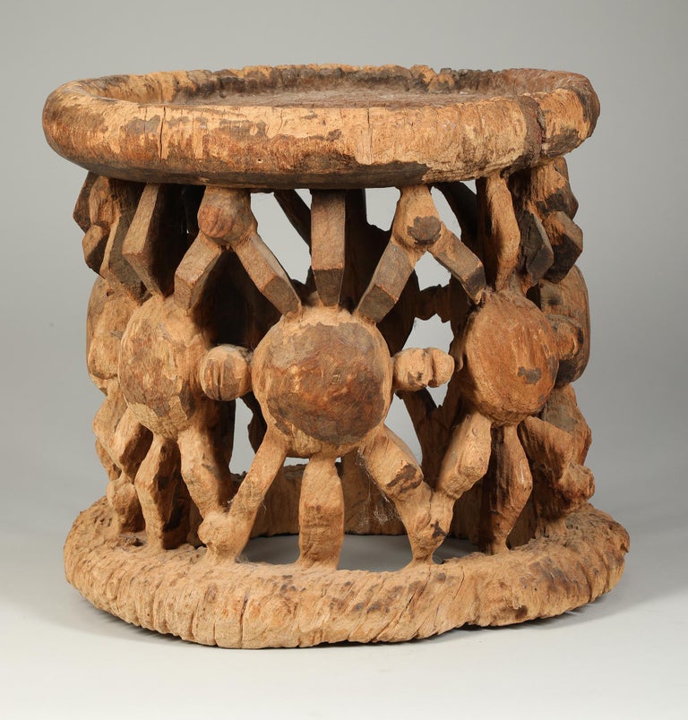 Early Weathered Wood Cameroon Stool with Rows of Spiders, Early 20th ...