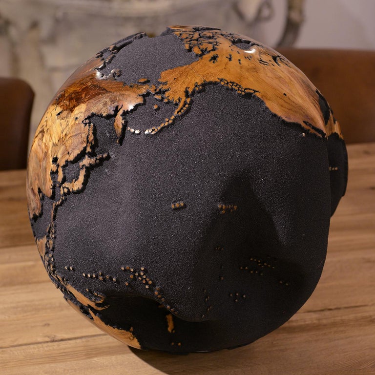 Earth Globe Black and Teak N°2 Sculpture For Sale at 1stDibs