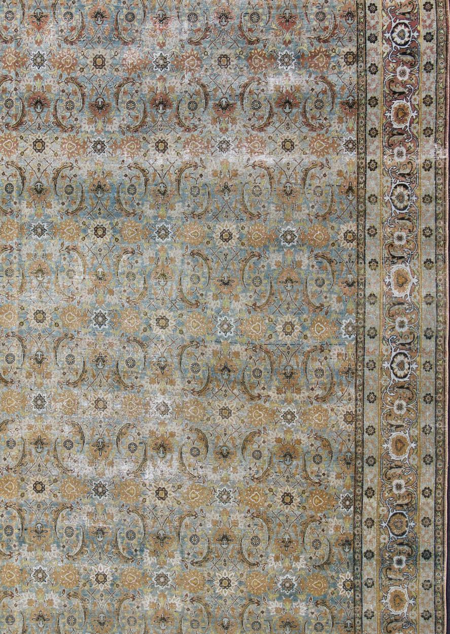 Earth-Toned Antique Persian Yazd Rug with Unique All-Over Sub-Geometric ...