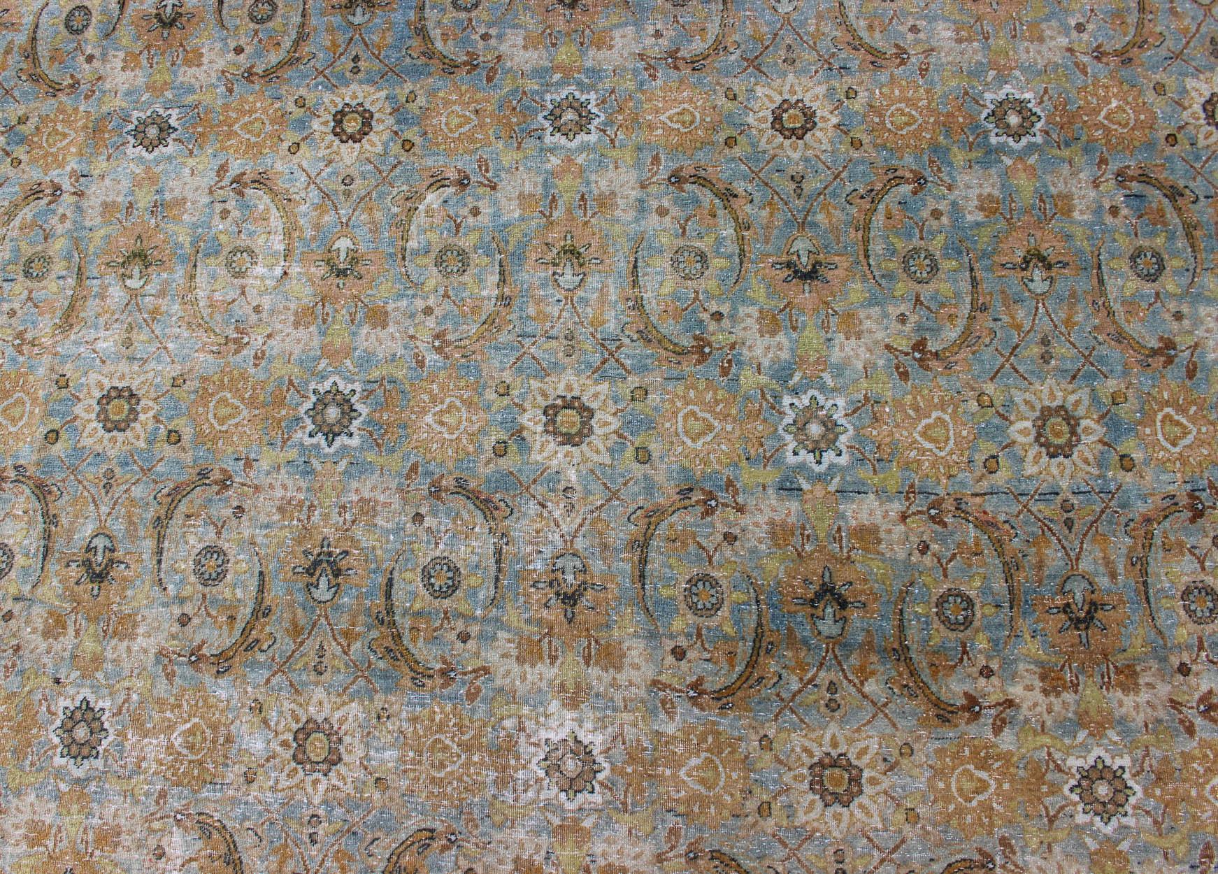 Earth-Toned Antique Persian Yazd Rug with Unique All-Over Sub-Geometric ...