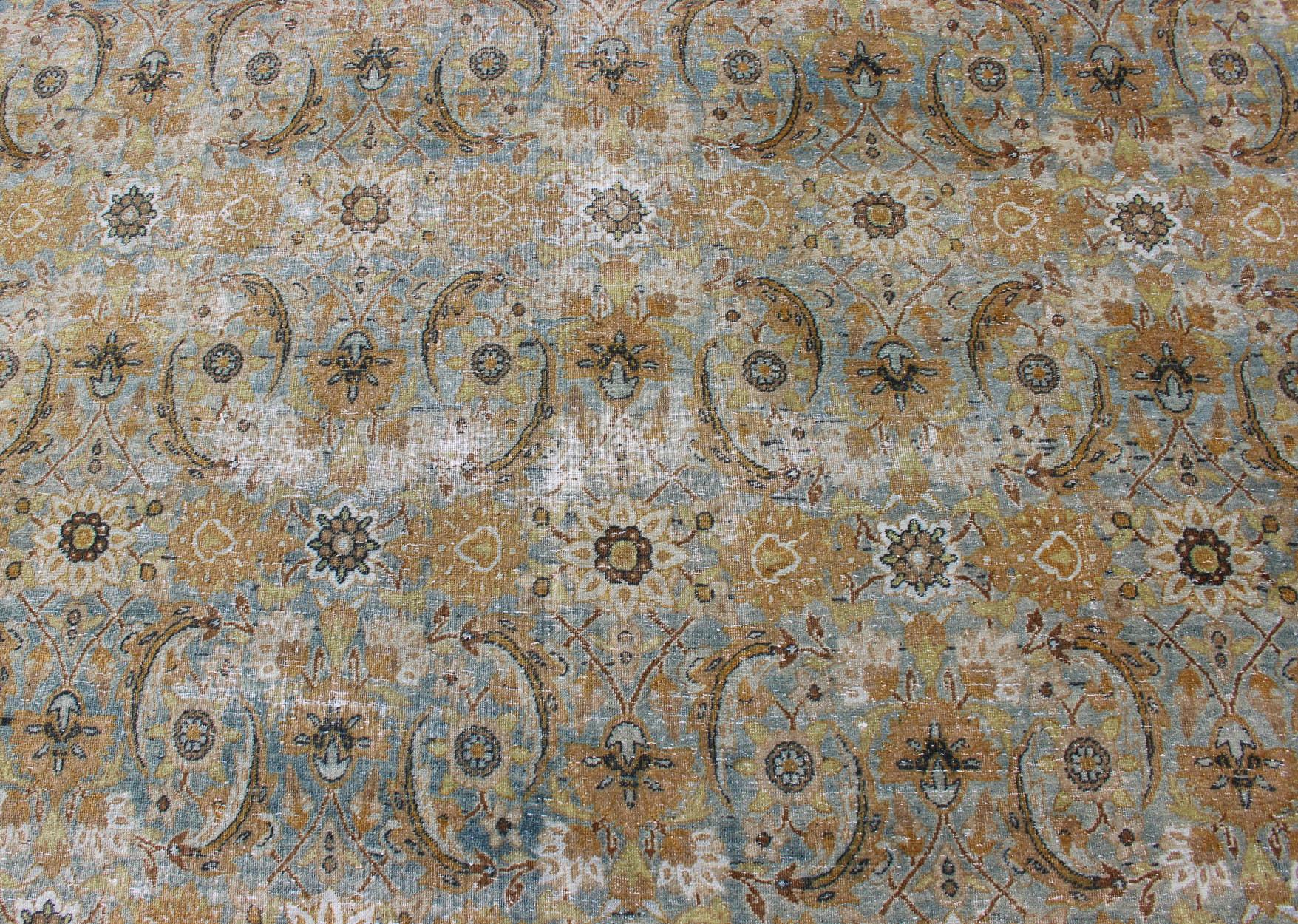 Earth-Toned Antique Persian Yazd Rug with Unique All-Over Sub-Geometric ...