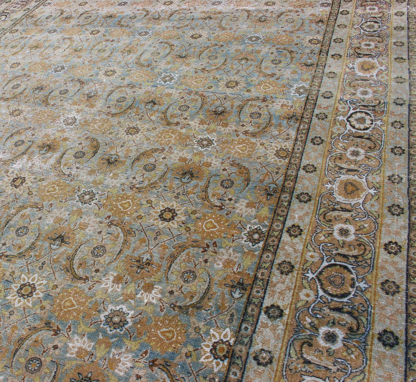 Earth-Toned Antique Persian Yazd Rug with Unique All-Over Sub-Geometric ...