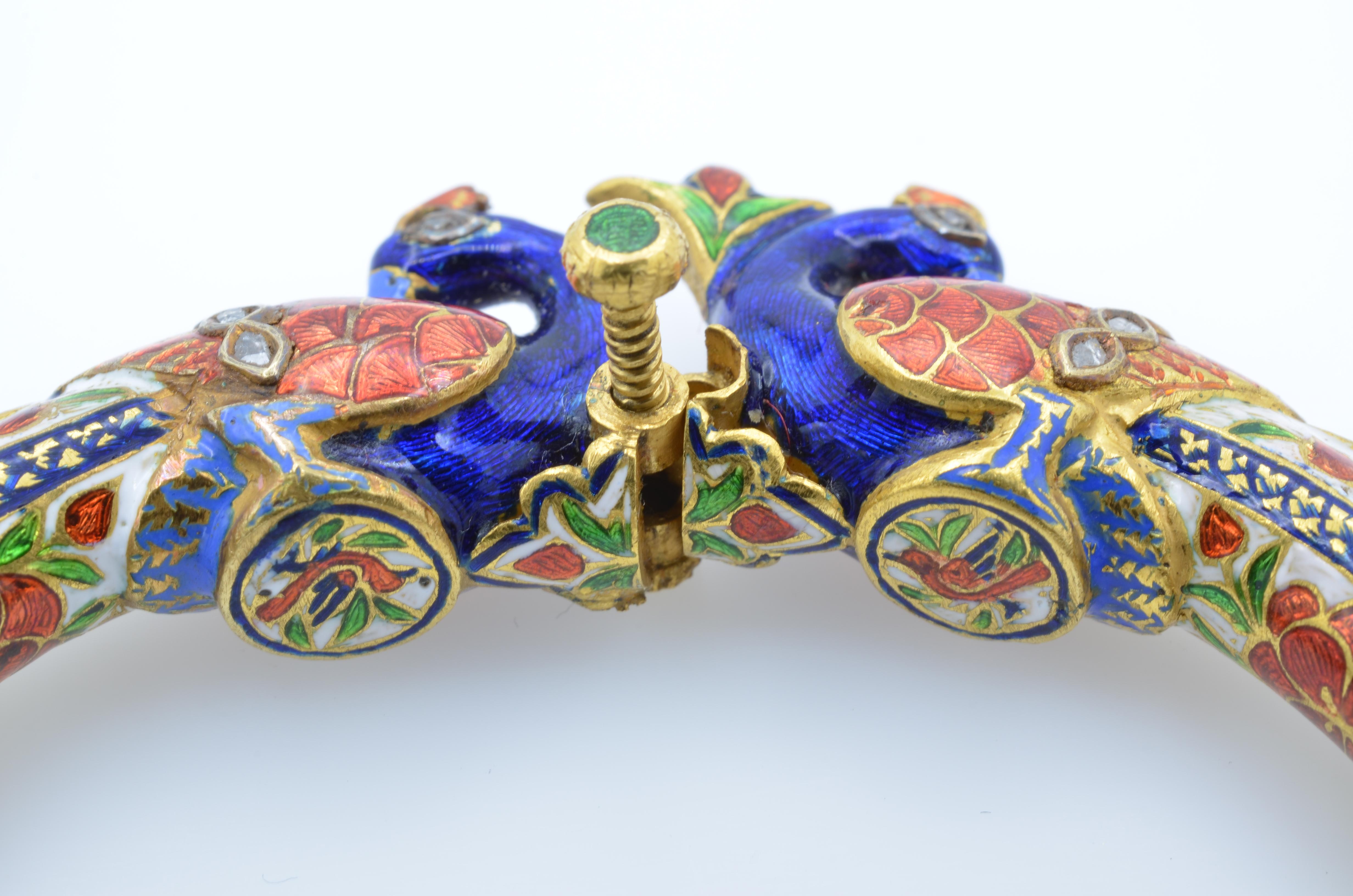 East Indian Mughal Enamel Peacock 22K Gold Bangle with Kundan Set ...