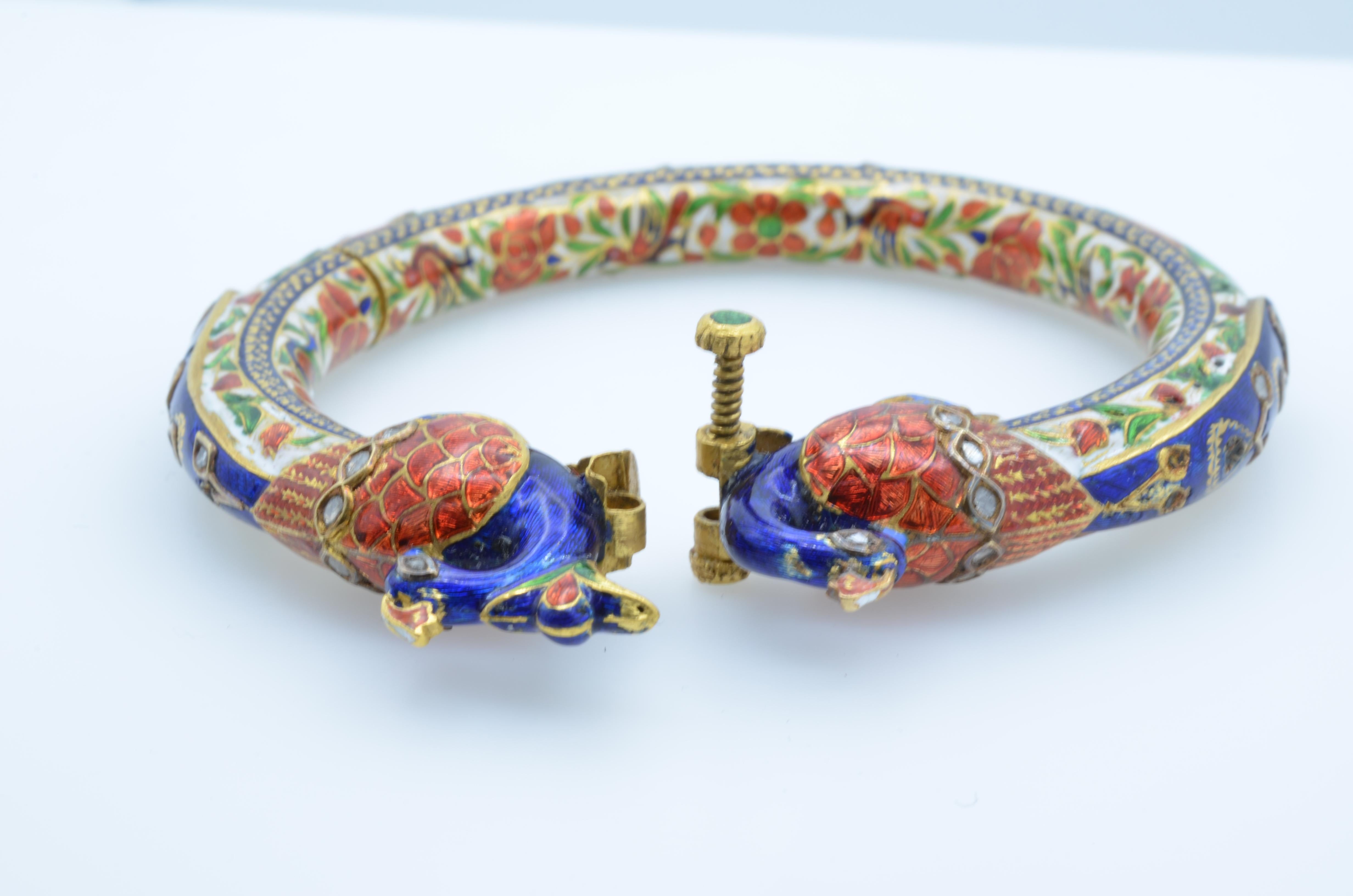 East Indian Mughal Enamel Peacock 22K Gold Bangle with Kundan Set ...