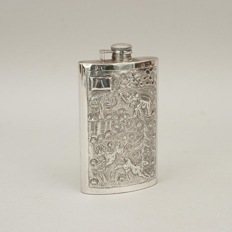 Eastern Design Silver Hip Flask with Elephant, Colonial Hip Flask at ...