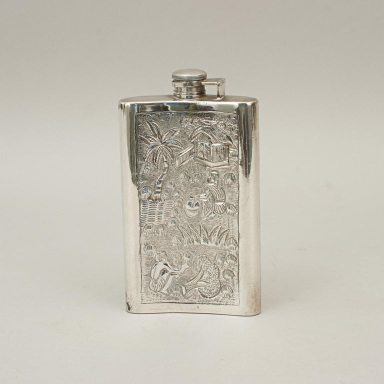 Eastern Design Silver Hip Flask with Elephant, Colonial Hip Flask at ...