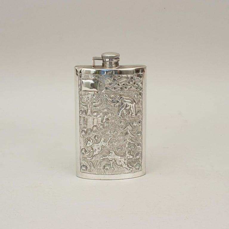 Eastern Design Silver Hip Flask with Elephant, Colonial Hip Flask at ...