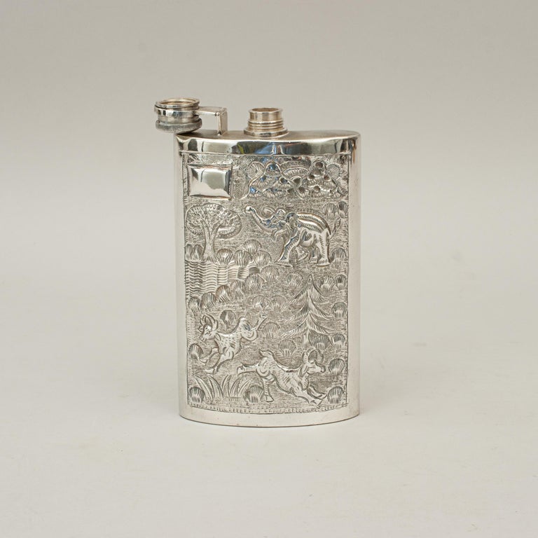 Eastern Design Silver Hip Flask with Elephant, Colonial Hip Flask at ...