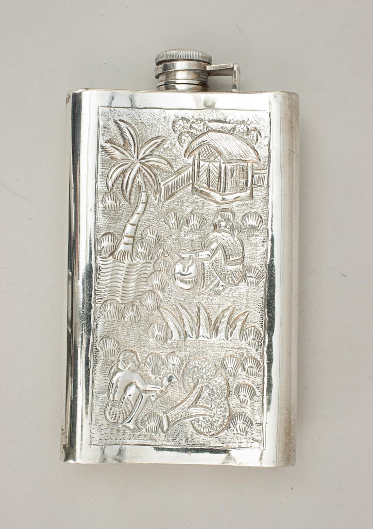 Eastern Design Silver Hip Flask with Elephant, Colonial Hip Flask at ...