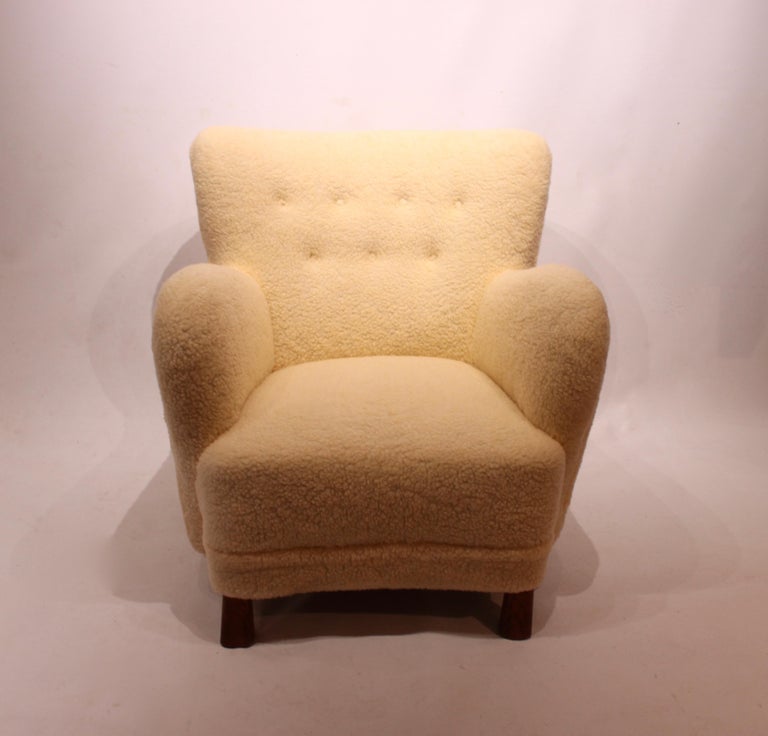 Easy Chair from circa 1930s, Newly Upholstered with Sheep Wool at 1stDibs