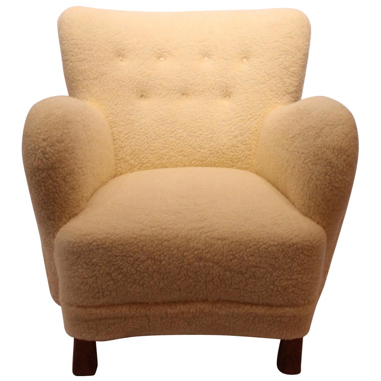 Easy Chair from circa 1930s, Newly Upholstered with Sheep Wool at 1stDibs