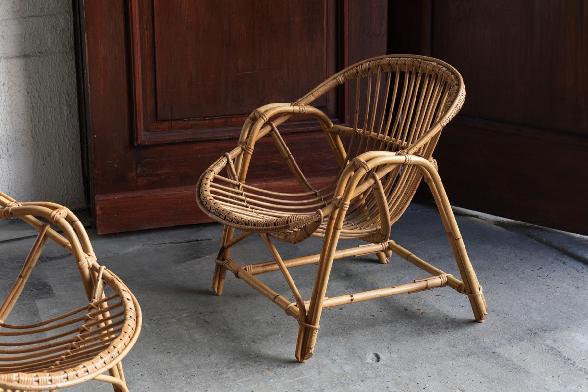Easy chairs in rattan and bamboo, suitable for inside or outside, 1950s ...