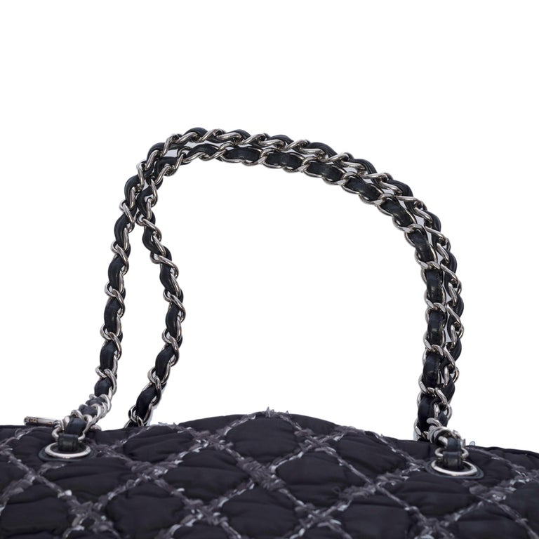 Beautiful black quilted nylon shoulder bag with grey tweed stitching ...