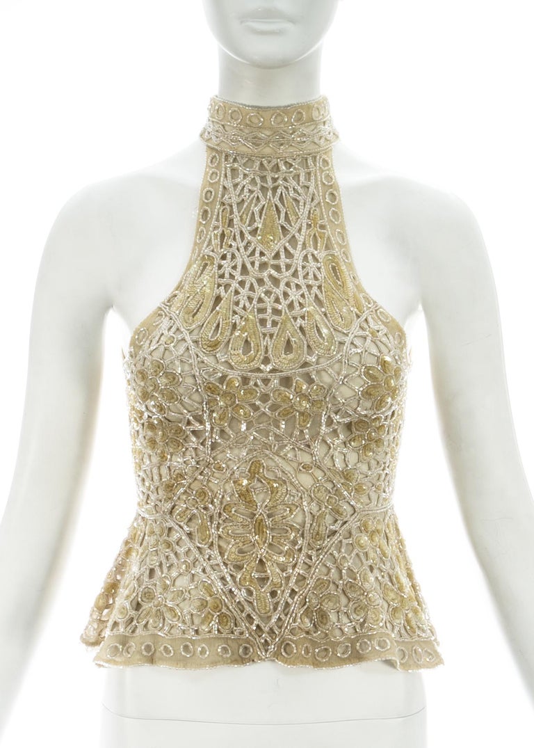 Eavis And Brown Ivory Beaded And Sequin Net Halter Neck Evening Blouse