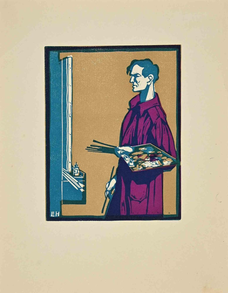 Ebba Holm - The Painter - Original Woodcut by Ebba Holm - 1925 For Sale ...