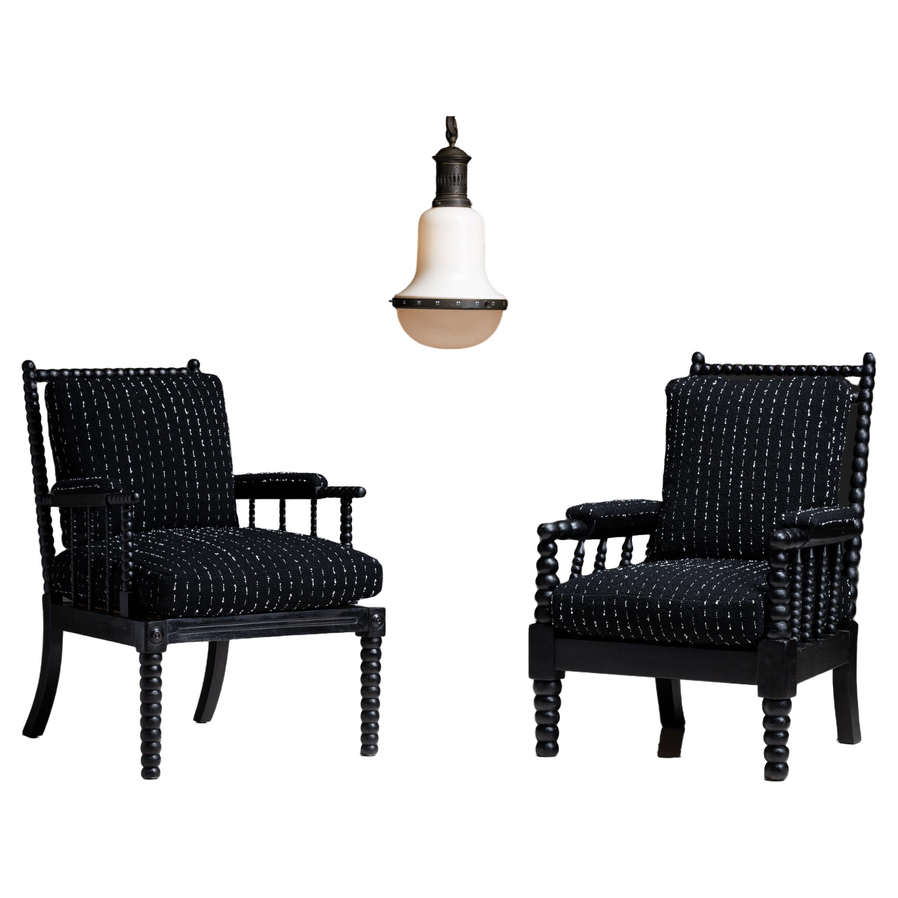 Ebonised Bobbin Chairs in Wool Blend by Christopher Farr, England circa ...