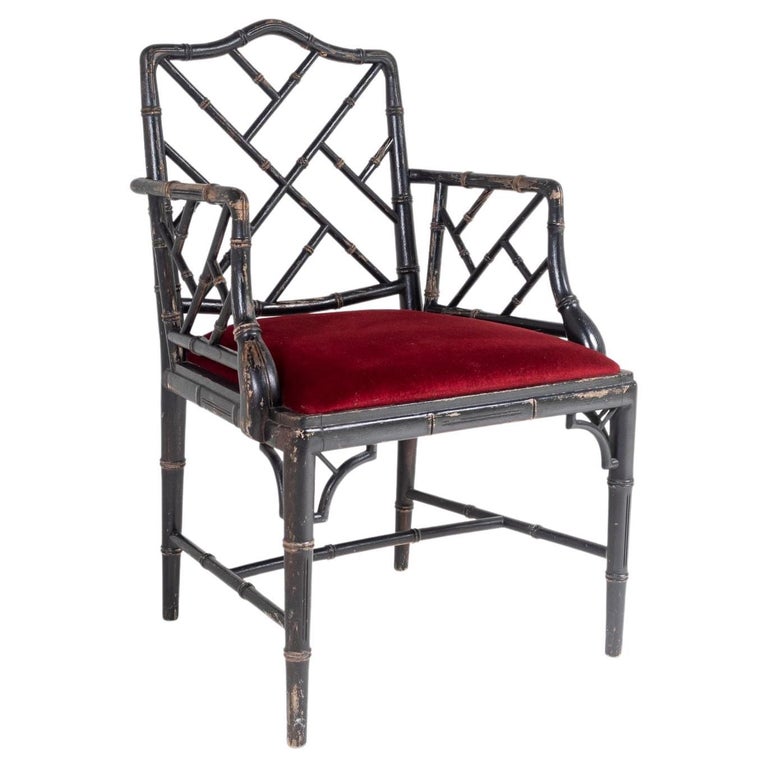 Chaise chinoise de style Chippendale en faux bambou ébénisé avec assise ...