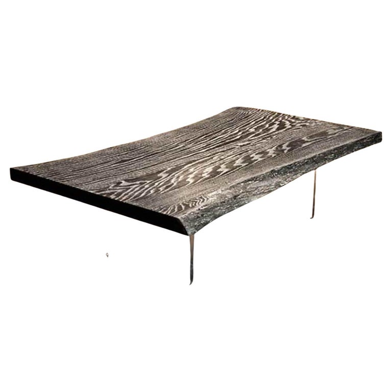Modern Ebonized Live Edge Oak Low Table with Glass Legs For Sale at 1stDibs