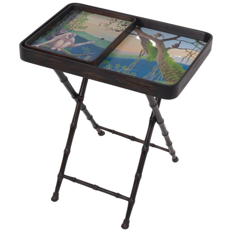 Ebonised Teak Butlers’ Tray, Nesting Trays Folding Base with Faux ...