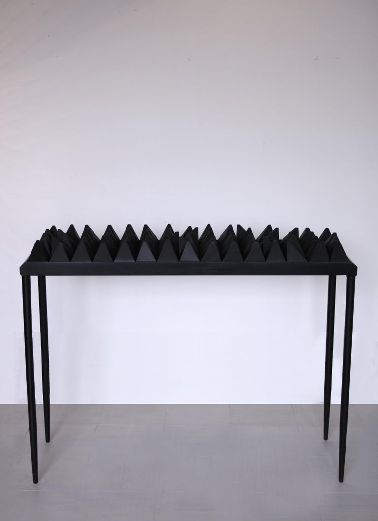 Ebony Black Wood Sculpture Console with Metal Base in Black Color For ...