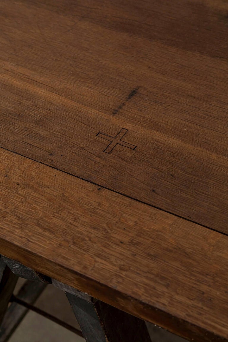 Ecclesiastical Oak Trestle Table with Decorative Engravings, Early 20th ...