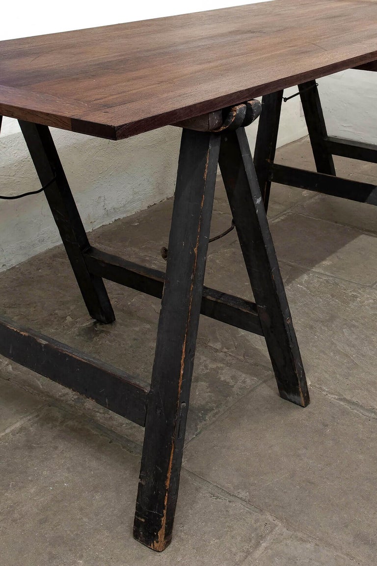 Ecclesiastical Oak Trestle Table with Decorative Engravings, Early 20th ...