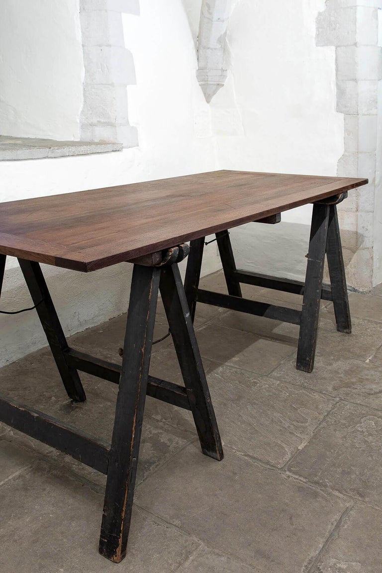 Ecclesiastical Oak Trestle Table with Decorative Engravings, Early 20th ...