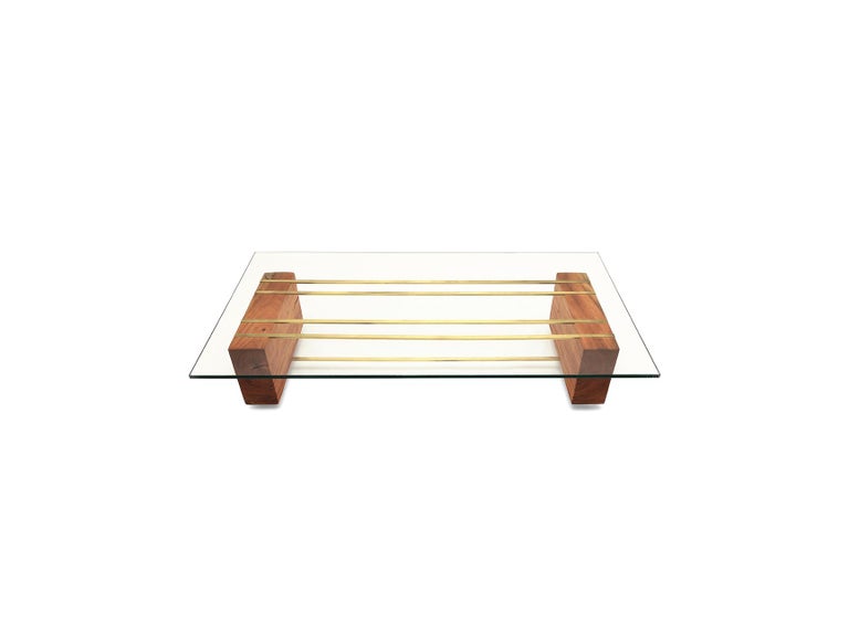 Eclectic Sleek Brass and Salvaged Mahogany Wood Block Low Coffee Table ...