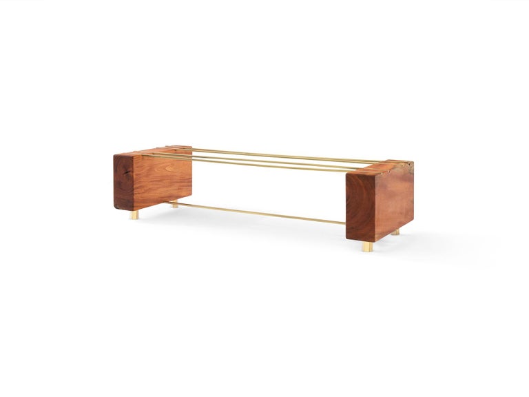 Eclectic Sleek Brass and Salvaged Mahogany Wood Block Low Coffee Table ...