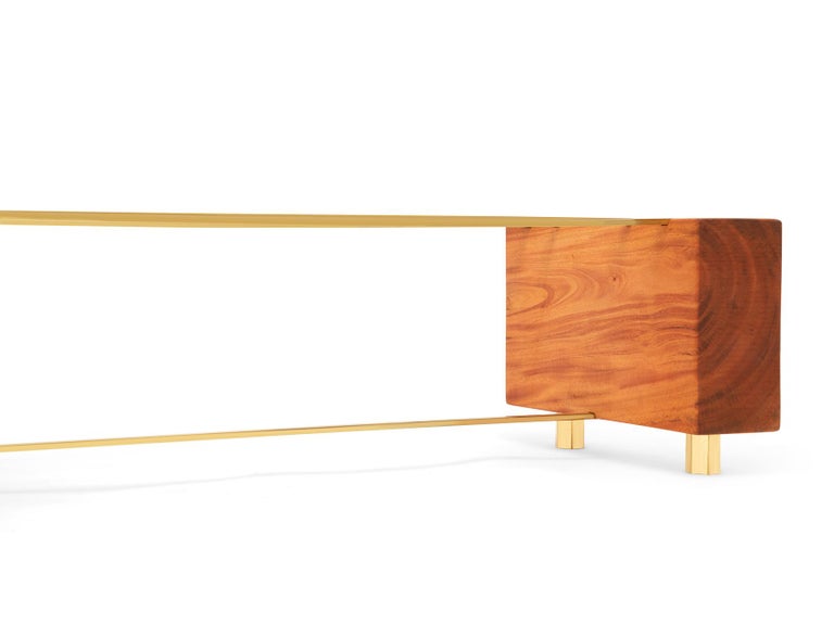 Eclectic Sleek Brass and Salvaged Mahogany Wood Block Low Coffee Table ...