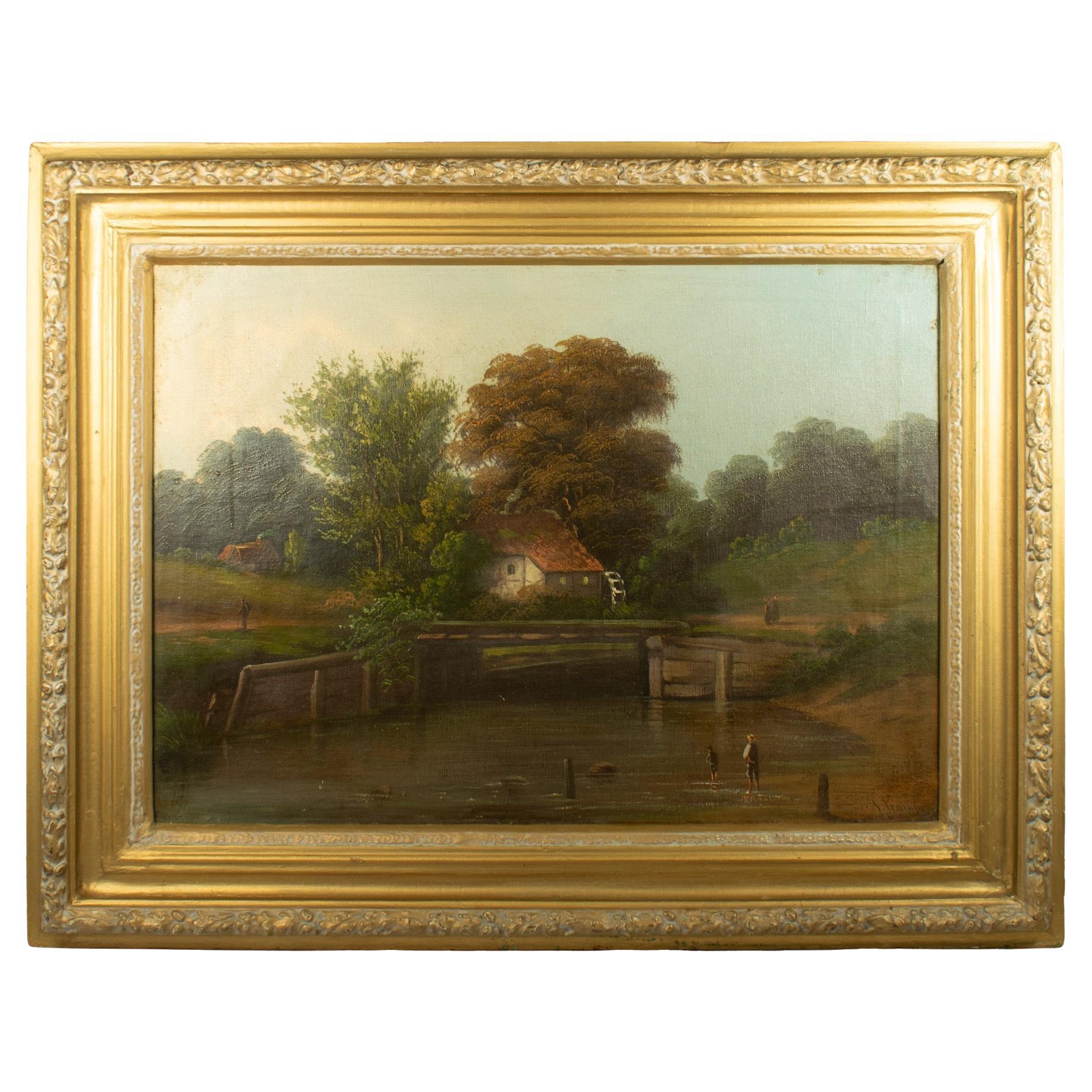 French Barbizon School Framed Oil on Canvas Pastoral Painting Signed Th ...