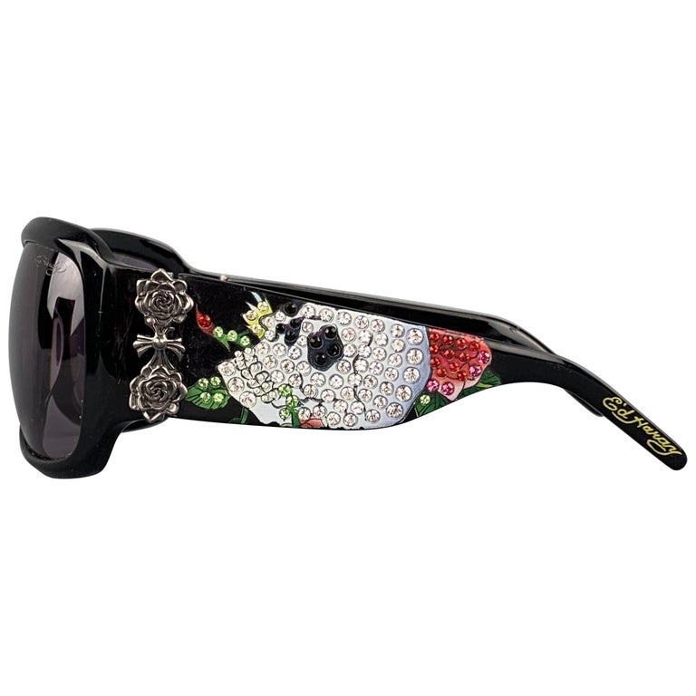 ED HARDY Black Acetate Swarovski Skull and Roses Oversized Sunglasses ...
