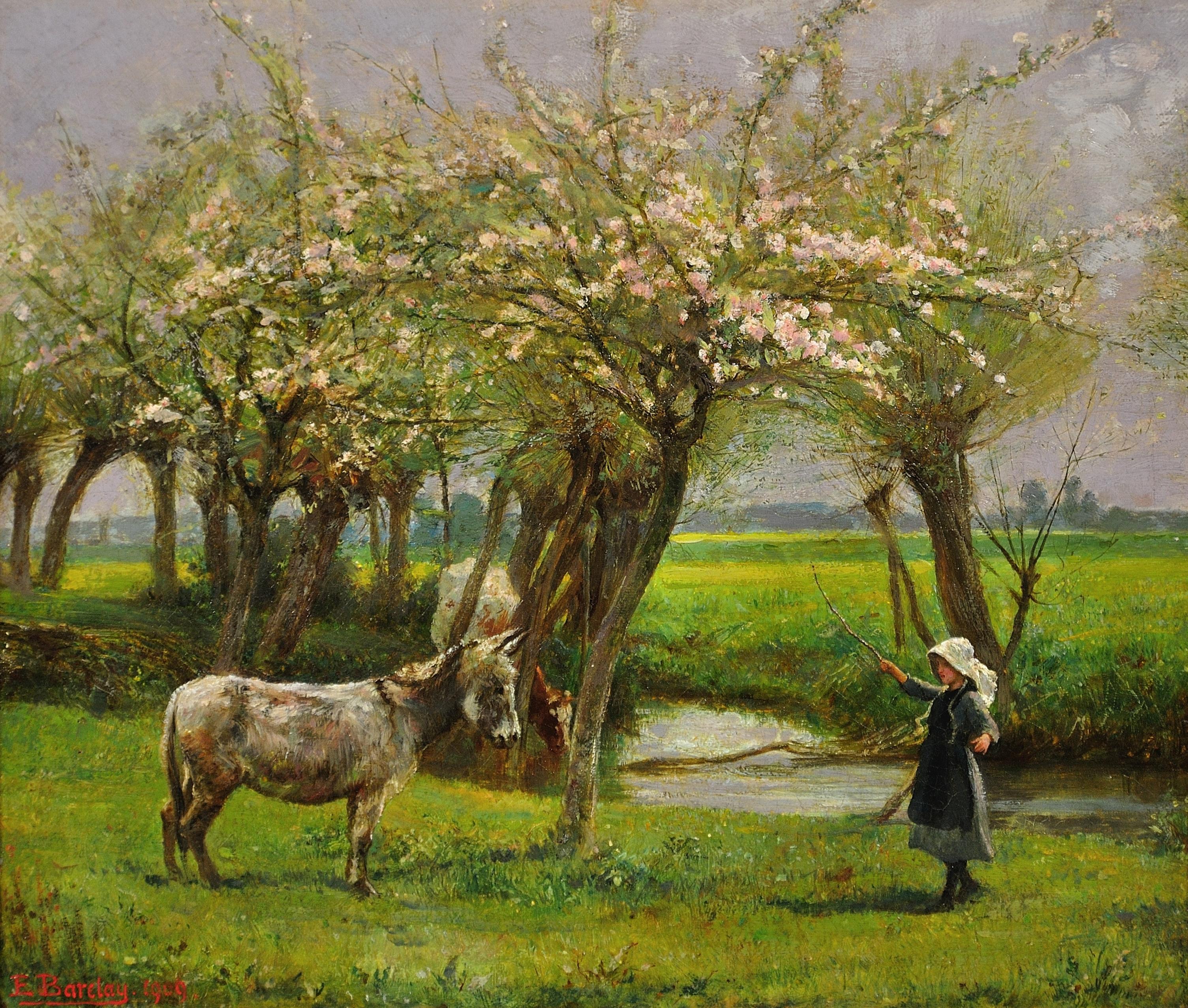 Edgar Barclay - Girl with Donkey in the Maytime. Original Oil Painting ...