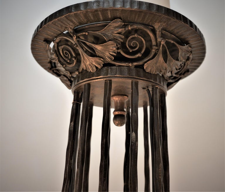Edgar Brandt French Iron and Alabaster Chandelier For Sale at 1stDibs